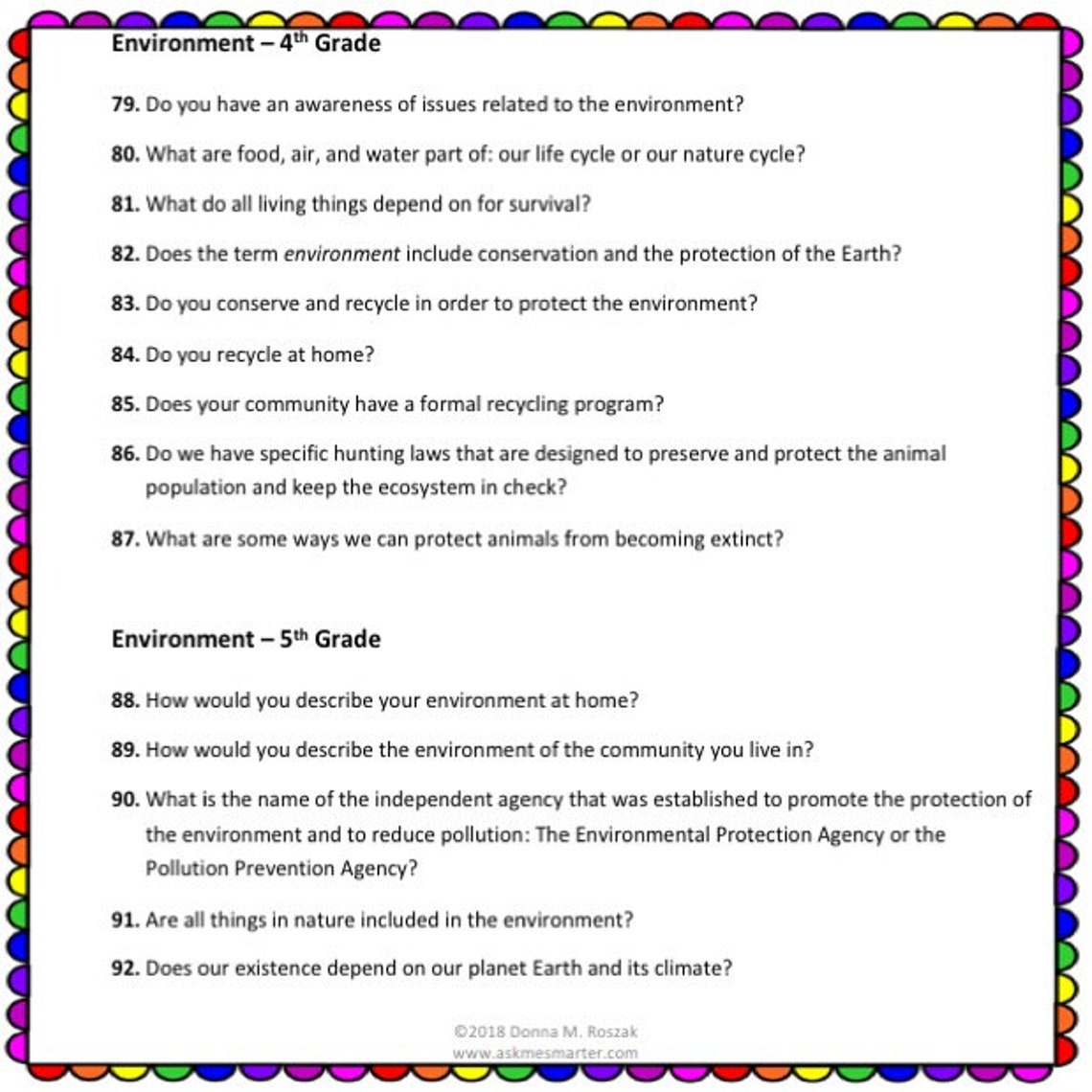 ENVIRONMENT Preschool-5th Grade Curriculum-aligned Questions ...
