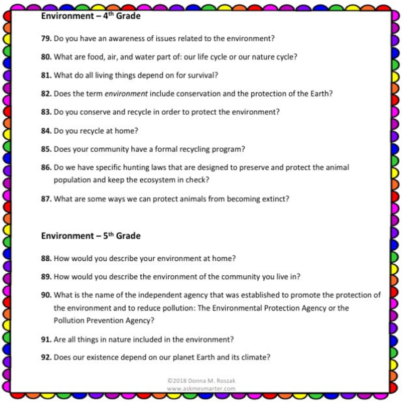 ENVIRONMENT Preschool-5th Grade Curriculum-aligned Questions ...