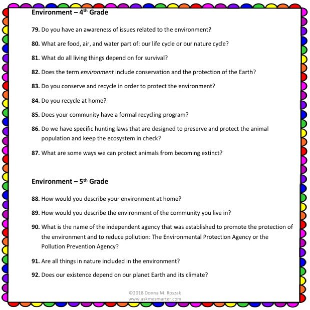ENVIRONMENT Preschool-5th Grade Curriculum-aligned Questions ...