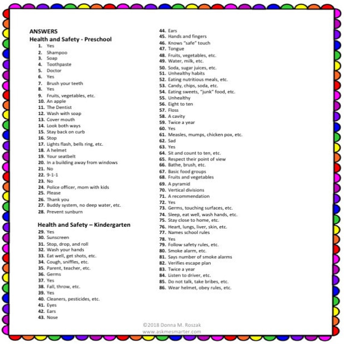 HEALTH & SAFETY Preschool-2nd Grade Curriculum-aligned Questions ...