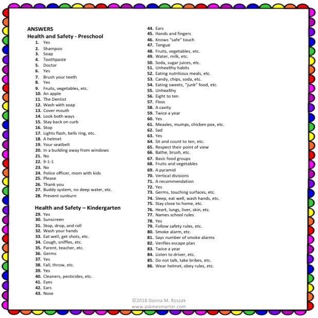 HEALTH & SAFETY Preschool-2nd Grade Curriculum-aligned Questions ...