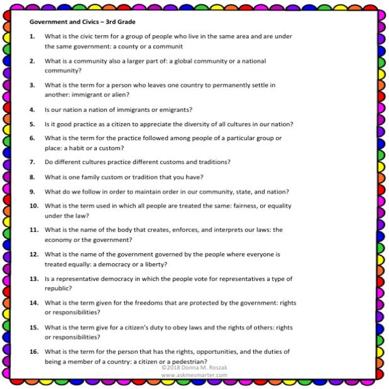 3rd Grade Homeschool Curriculum Questions SOCIAL STUDIES/CIVICS What ...