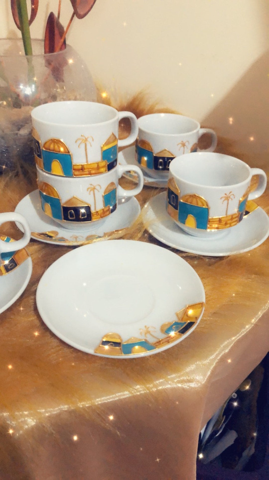 Set of 6 Tea Cup With Handle and Saucer Palestinian Traditional ...