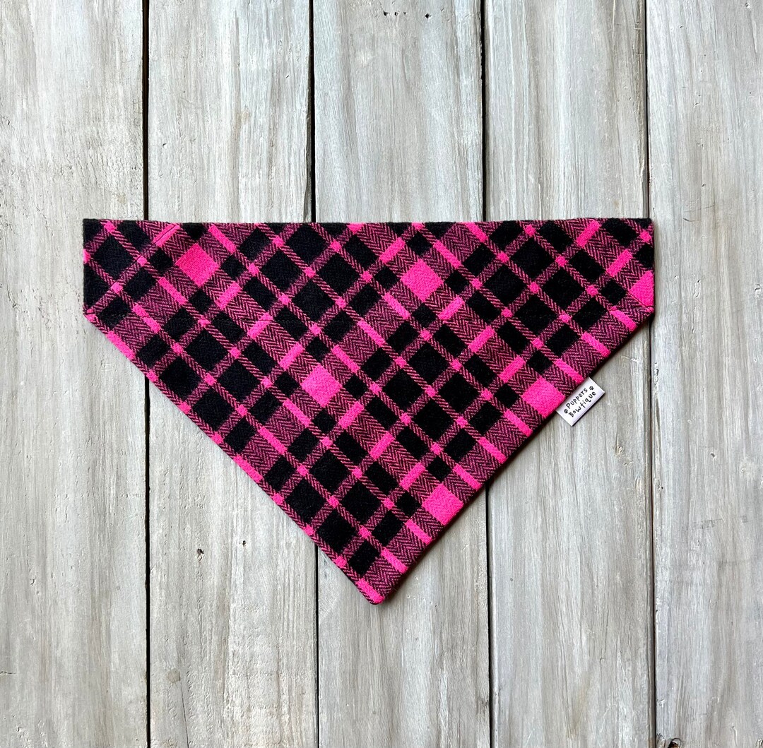 Over the Collar Hot Pink Black Plaid Dog Bandana, Plaid Dog Bandana ...