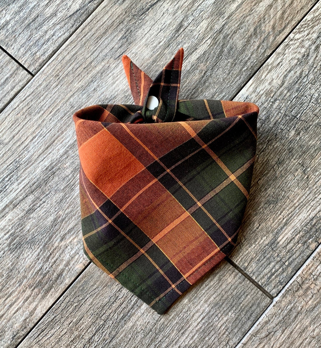 Snap on Orange & Green Plaid Fall Dog Bandana, Fall Dog Bandana, Autumn ...