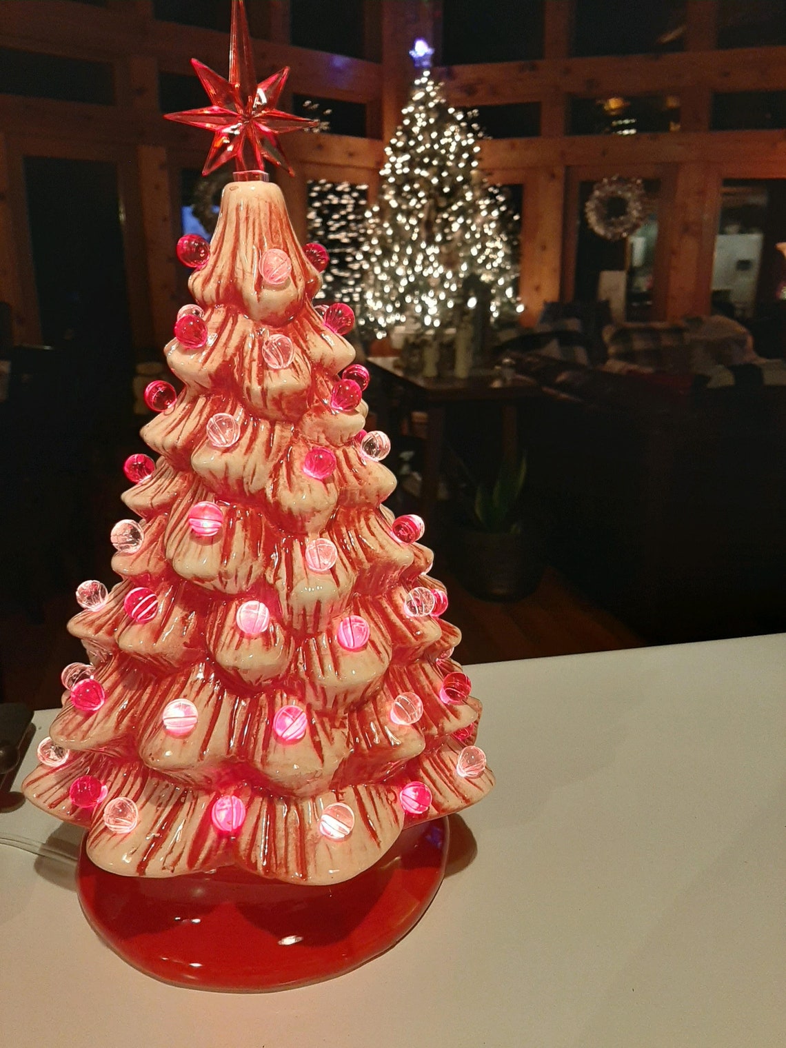 Christmas Candy Stripe Ceramic Tree With Bulbs and Star - Etsy
