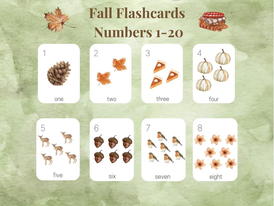 Fall Number Flashcards 1-20: Printable Autumn Math (PDF Download) - Etsy