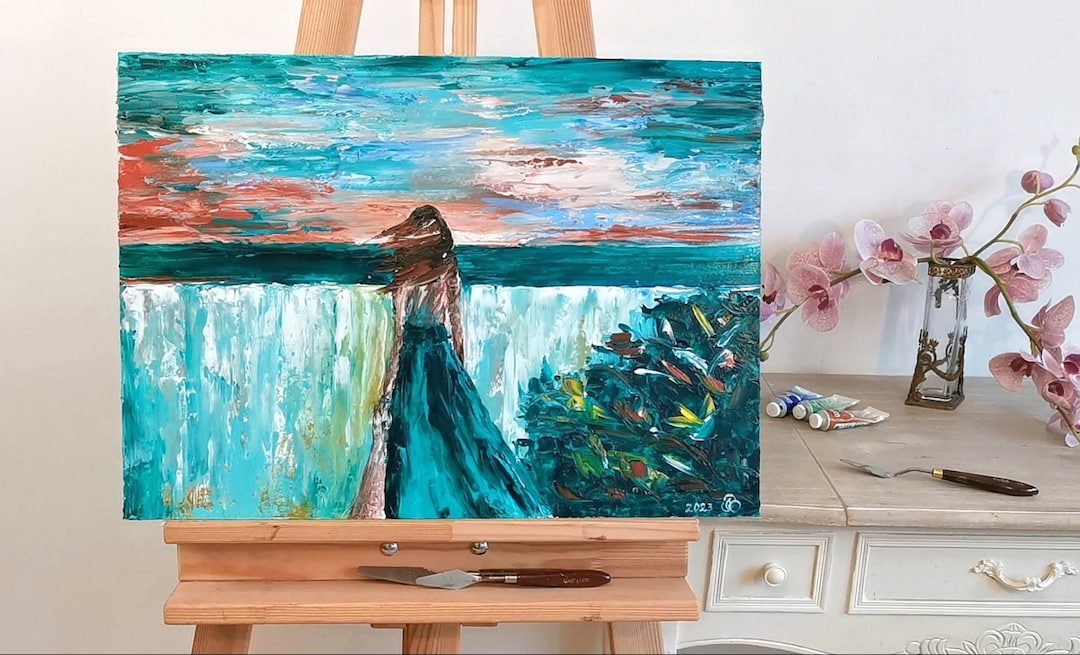 Girl Painting Faceless Portrait Original Art Landscape With Waterfall ...