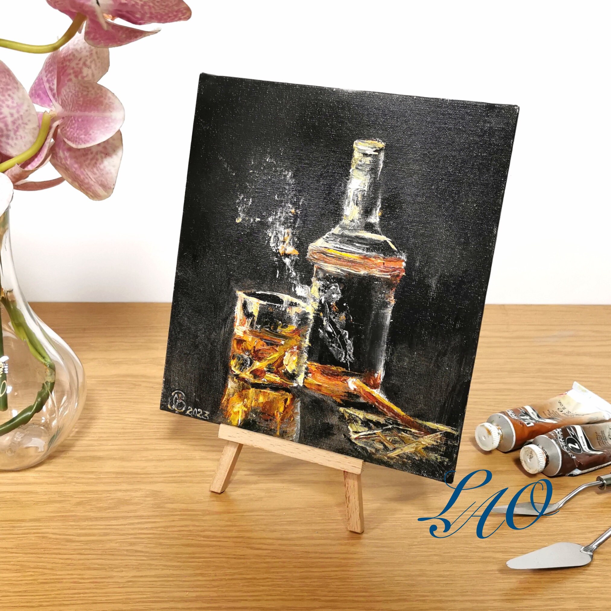 Whisky Bottle Painting Whiskey Glass Cigar Art Original Painting Modern ...