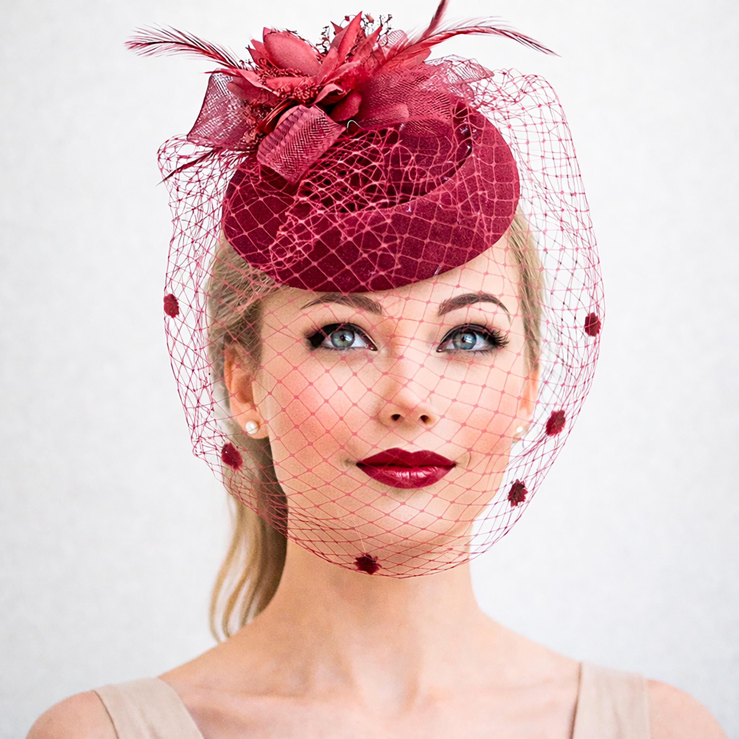 Burgundy Fascinator With Full Face Dotted Veil | Vintage Elegant Hat ...