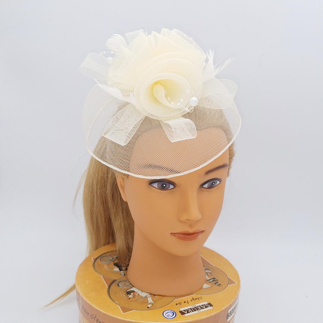 Cream Triple Rose Veil Fascinator | Unique Cream Veil Fascinator Hat ...