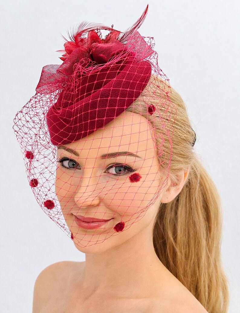 Burgundy Fascinator With Full Face Dotted Veil | Vintage Elegant Hat ...