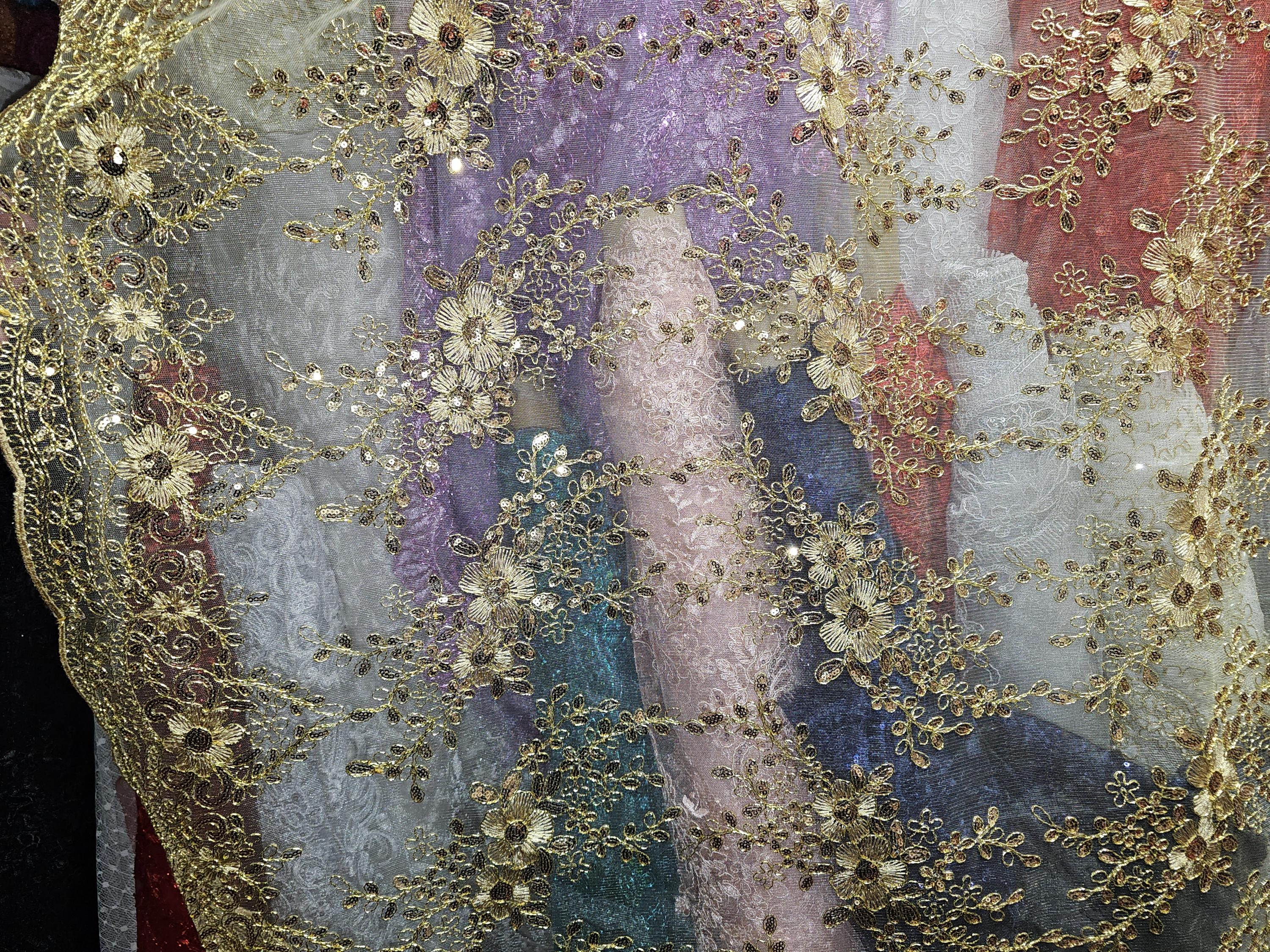 Gold Floral Embroidery With Rose-gold Sequins on Mesh Lace Fabric by ...