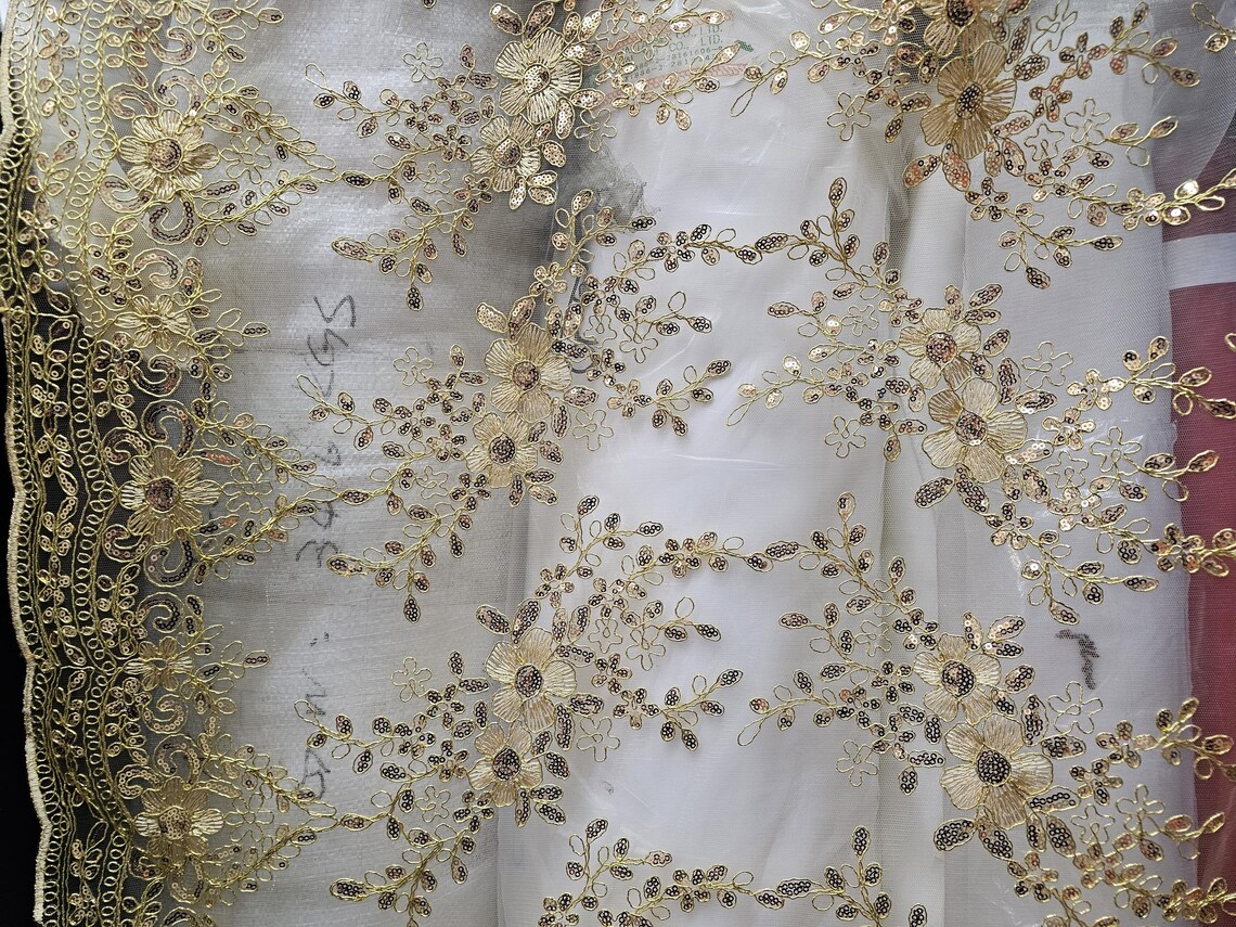 Gold Floral Embroidery With Rose-gold Sequins on Mesh Lace Fabric by ...
