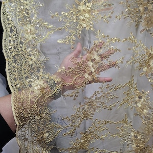 Gold Floral Embroidery With Rose-gold Sequins on Mesh Lace Fabric by ...