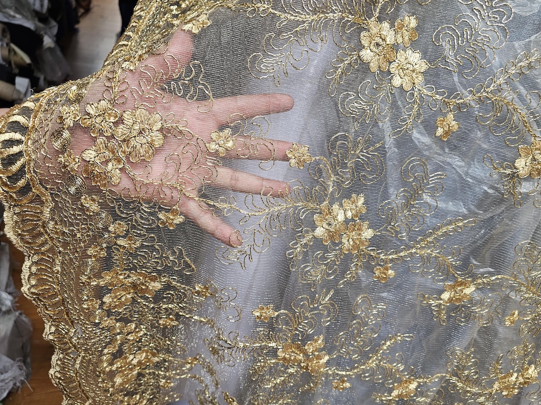 Gold Floral Embroidery With Rose-gold Sequins on Mesh Lace Fabric by ...