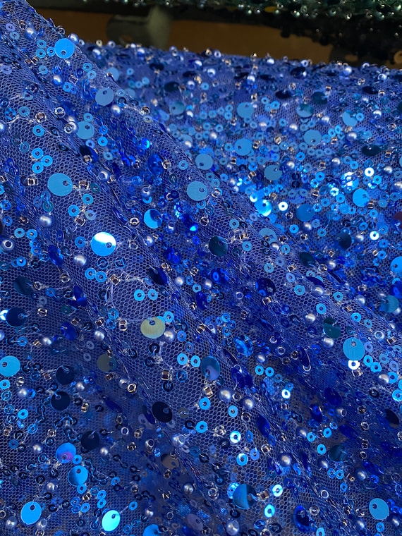 Royal Blue Beaded Lace Fabric Mesh Materials With Sparkling | Etsy