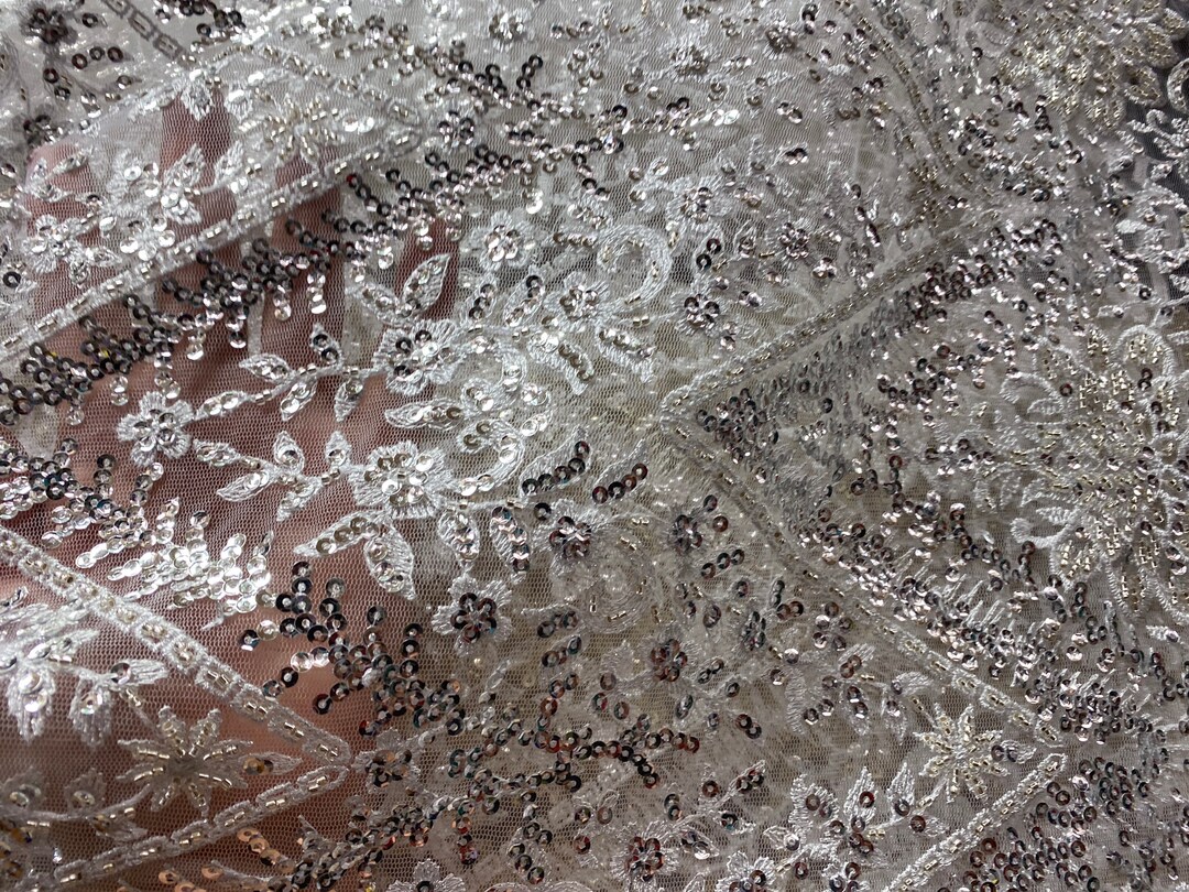 Silver Beaded Lace Fabric Mesh Materials With Sparkling Sequin Trims ...