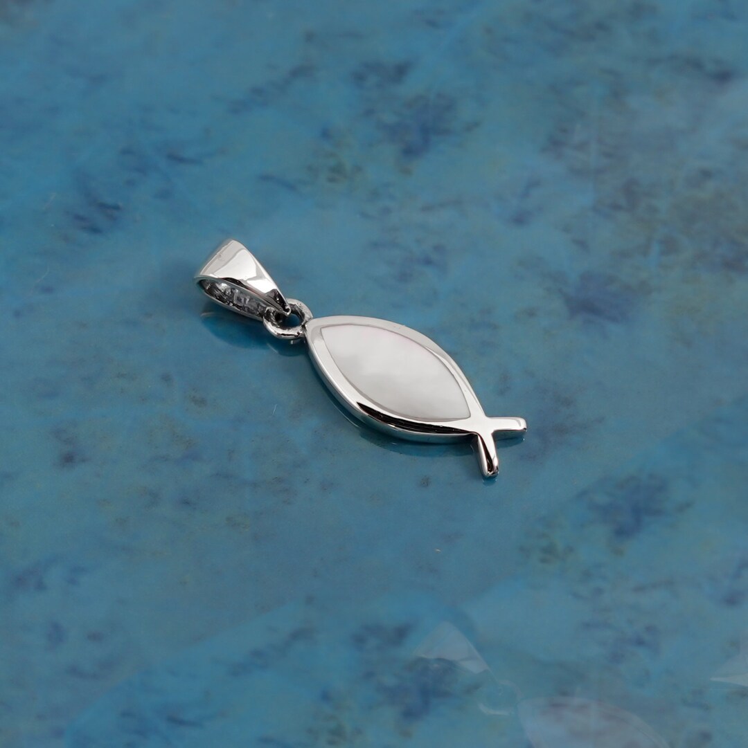 Tiny Sterling Silver Ichthus Fish Symbol Pendant With Mother of Pearl ...