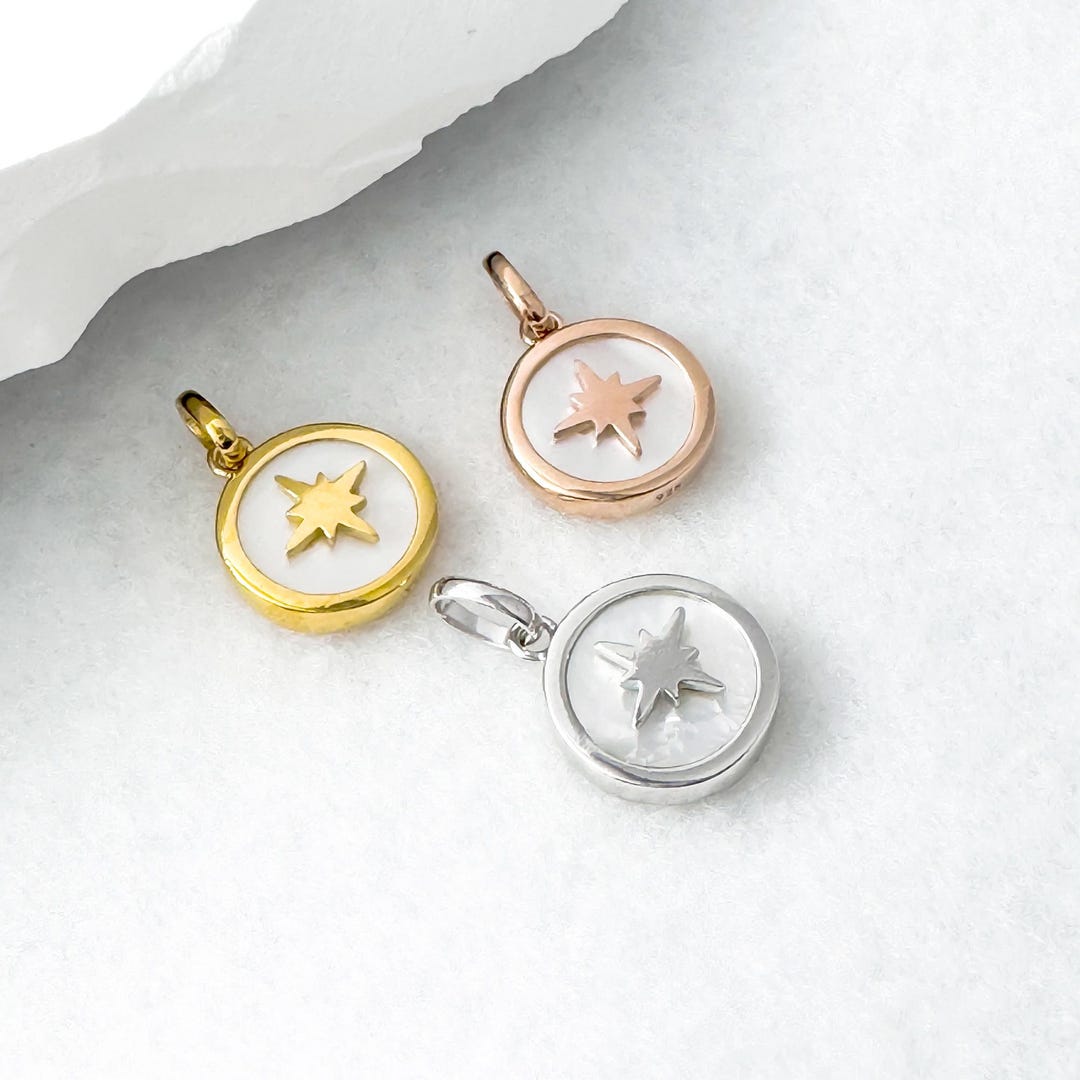 Small North Star Pendant With Mother of Pearl, 14mm - Rhodium, Gold, or ...