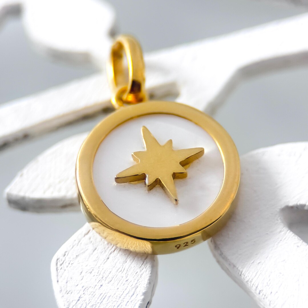 14K Gold Over Sterling Silver North Star Pendant With Mother of Pearl ...