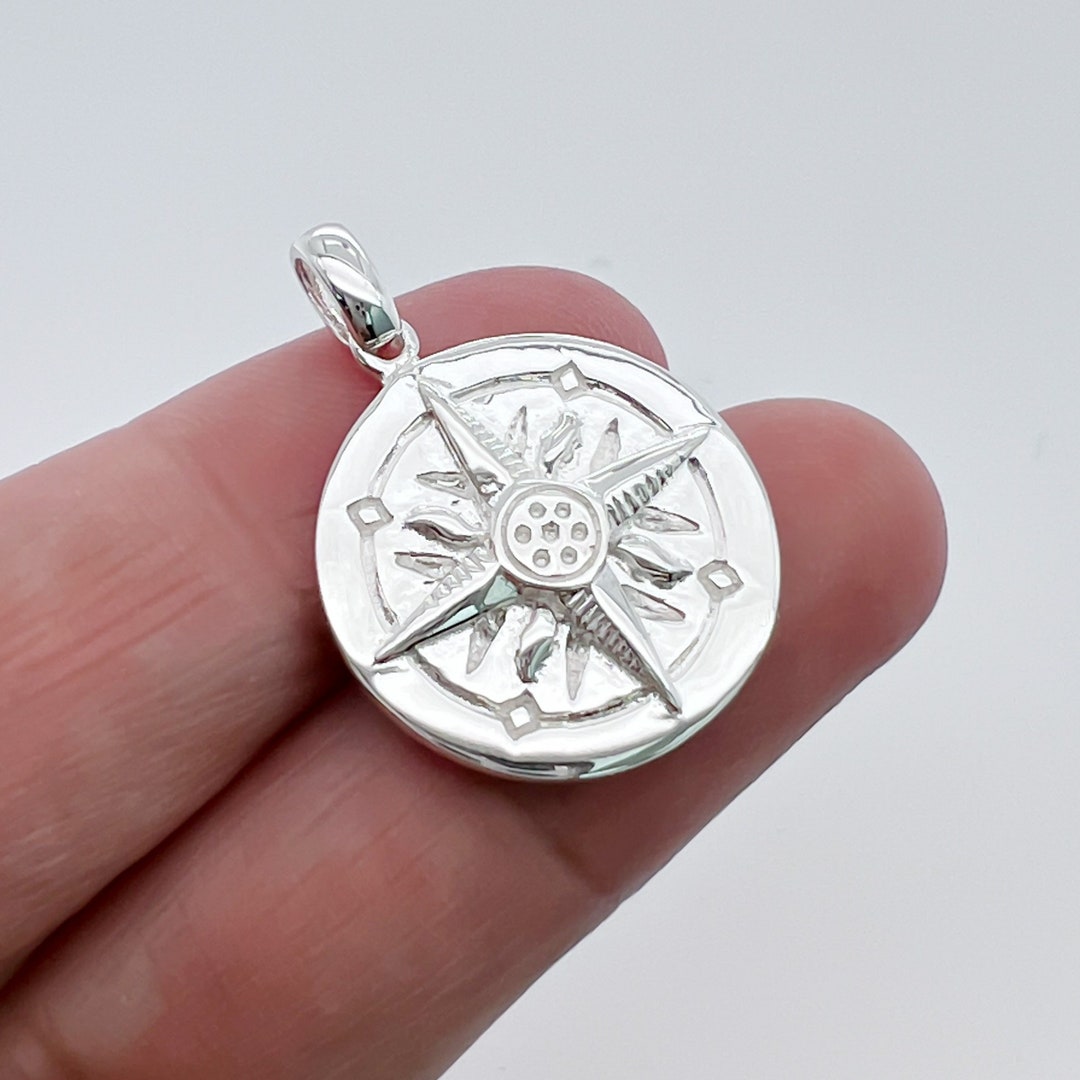 Sterling Silver Compass Pendant With High Polish Finish, 19mm, With ...