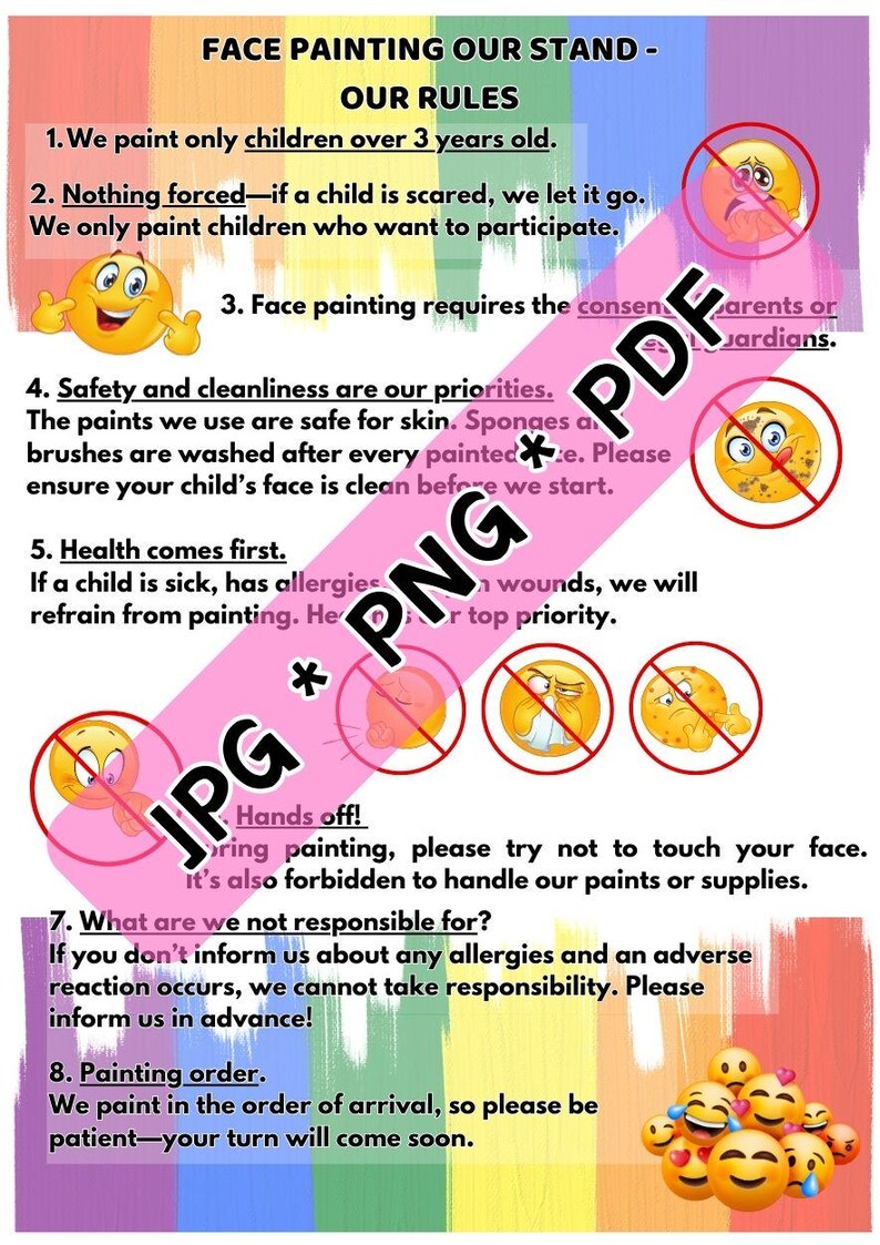 Face Painting Guidelines, Face Paint Rules Sign, 3 Color Schemes ...