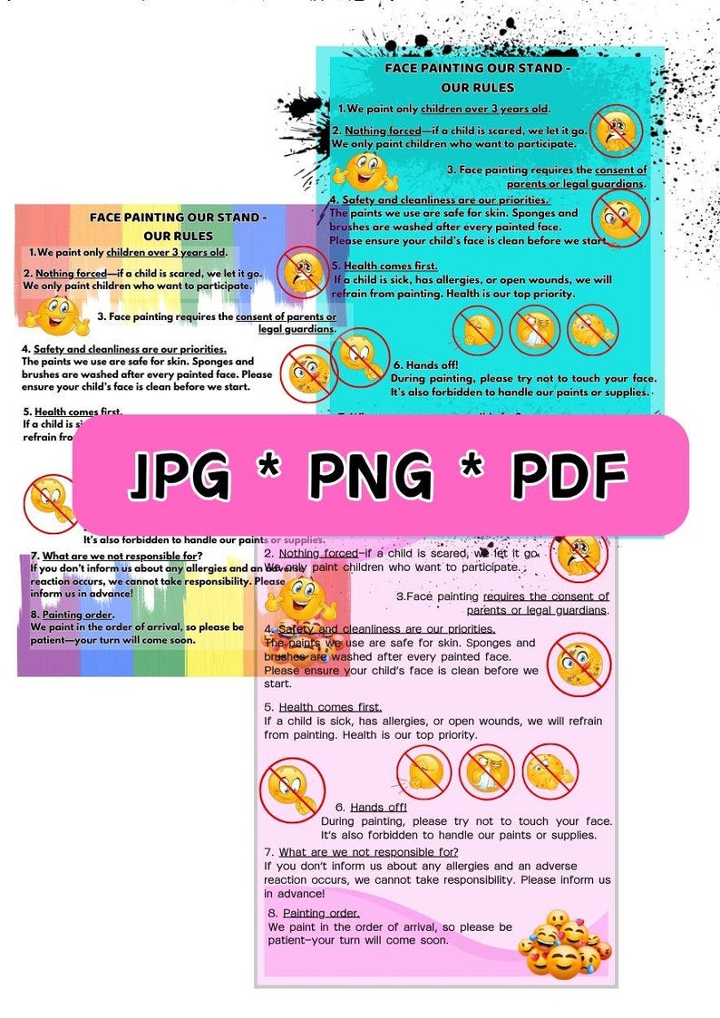 Face Painting Guidelines, Face Paint Rules Sign, 3 Color Schemes ...
