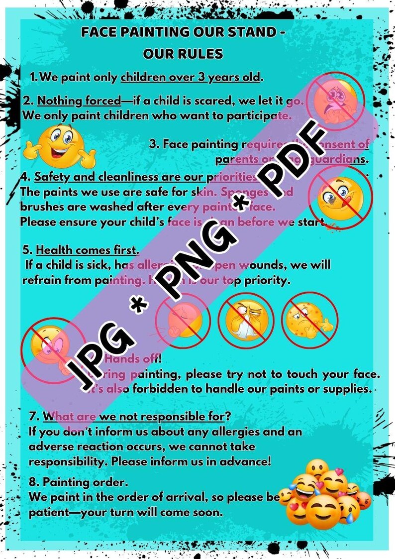 Face Painting Guidelines, Face Paint Rules Sign, 3 Color Schemes ...
