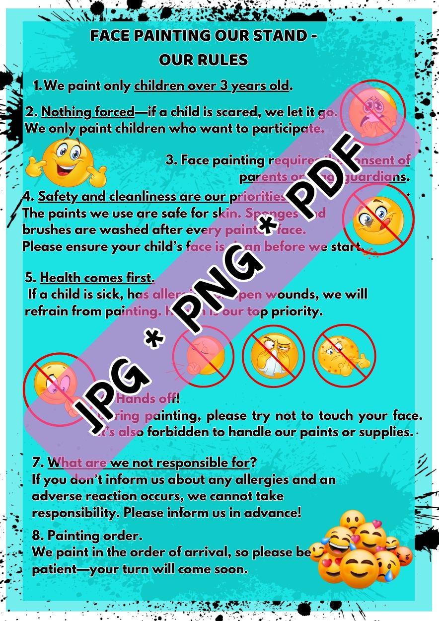 Face Painting Guidelines, Face Paint Rules Sign, 3 Color Schemes ...