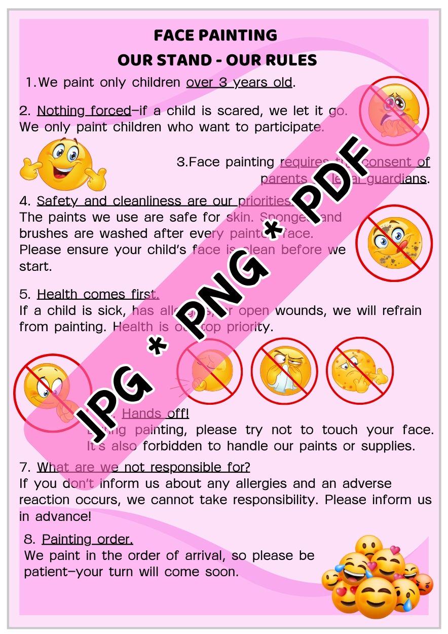 Face Painting Guidelines, Face Paint Rules Sign, 3 Color Schemes ...