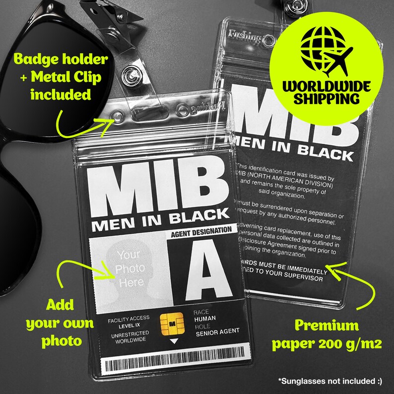 MIB Men in Black ID Card With Badge Holder and Metal Clip, Lanyard ...
