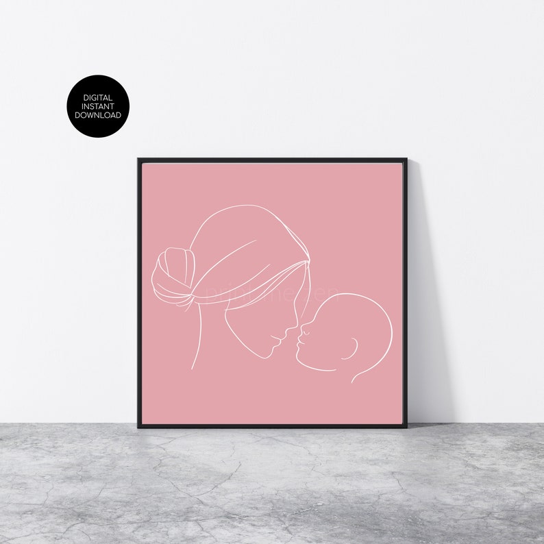 Mother & Daughter Printable Art Pink White One Line | Etsy