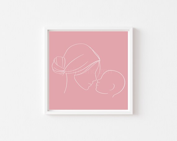 Mother & Daughter Printable Art Pink White One Line | Etsy