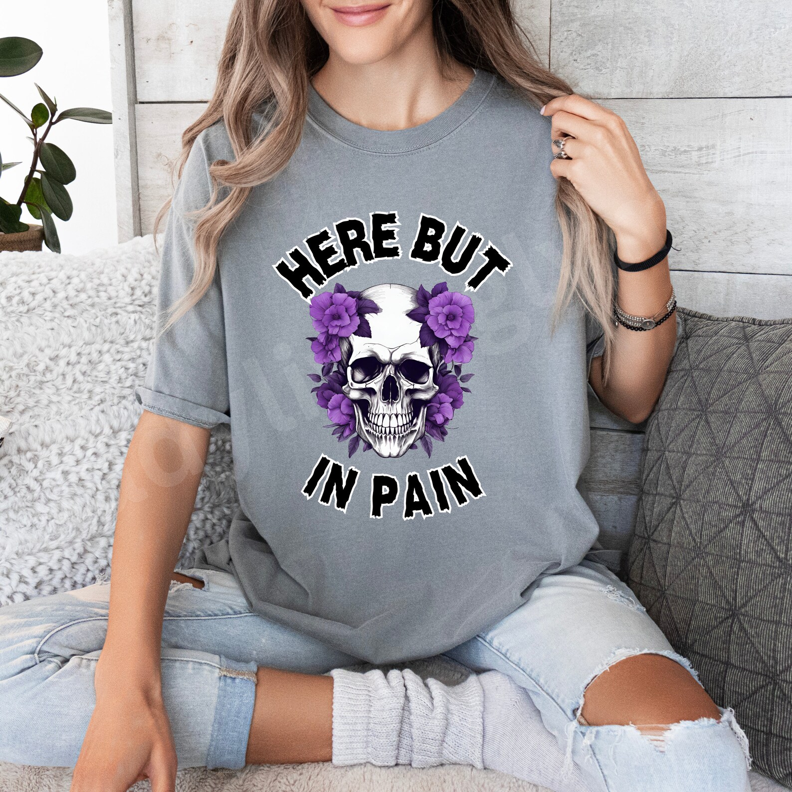 Chronic Pain Shirt Funny Here but in Pain Skull Fibromyalgia Gift ...