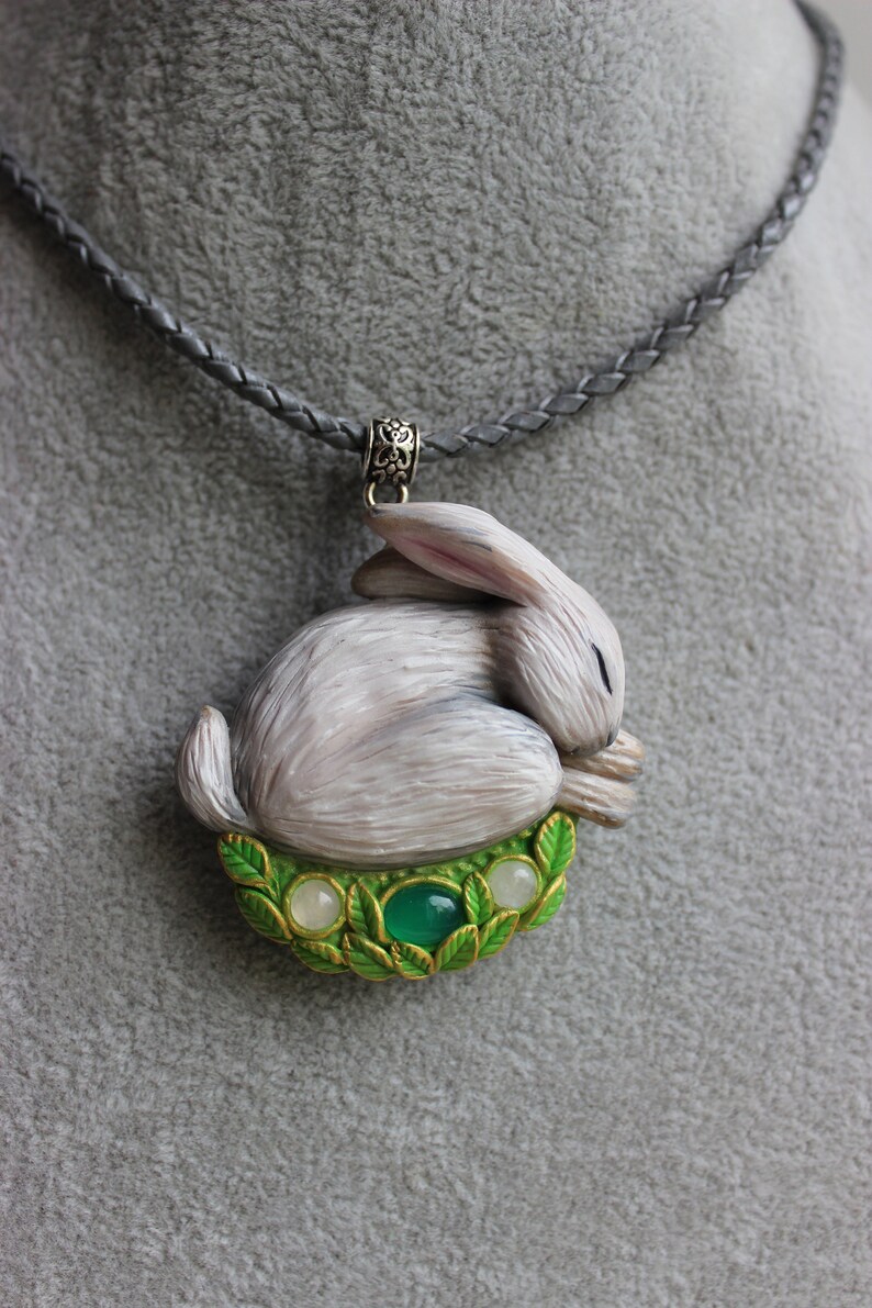 White Rabbit Pendant Sleepy Animal Necklace Totem Hare Moonstone ...