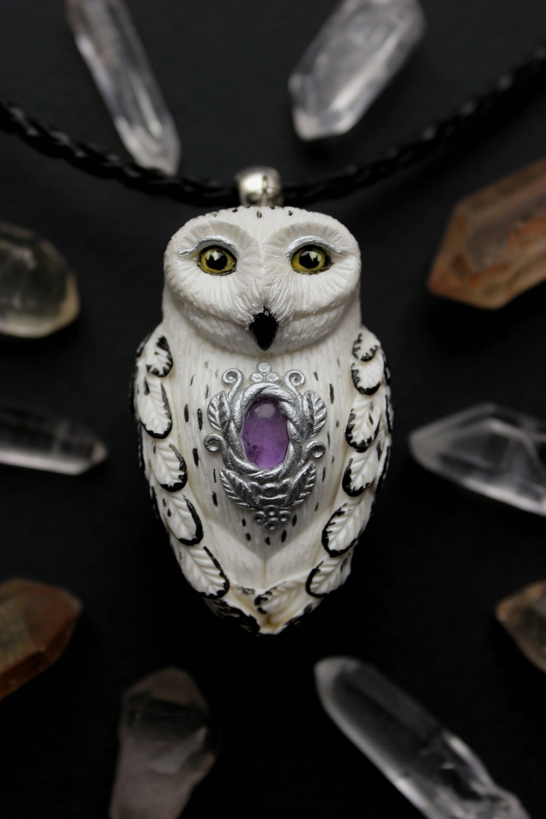 White Owl Pendt Amethyst Jewelry Polar Owl Snow Owl Pendant Winter Mood ...