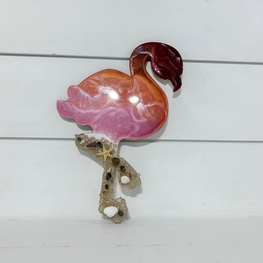 Flamingo Resin Art, Beach Style Resin Wall Hanging on Wood, Glittered ...