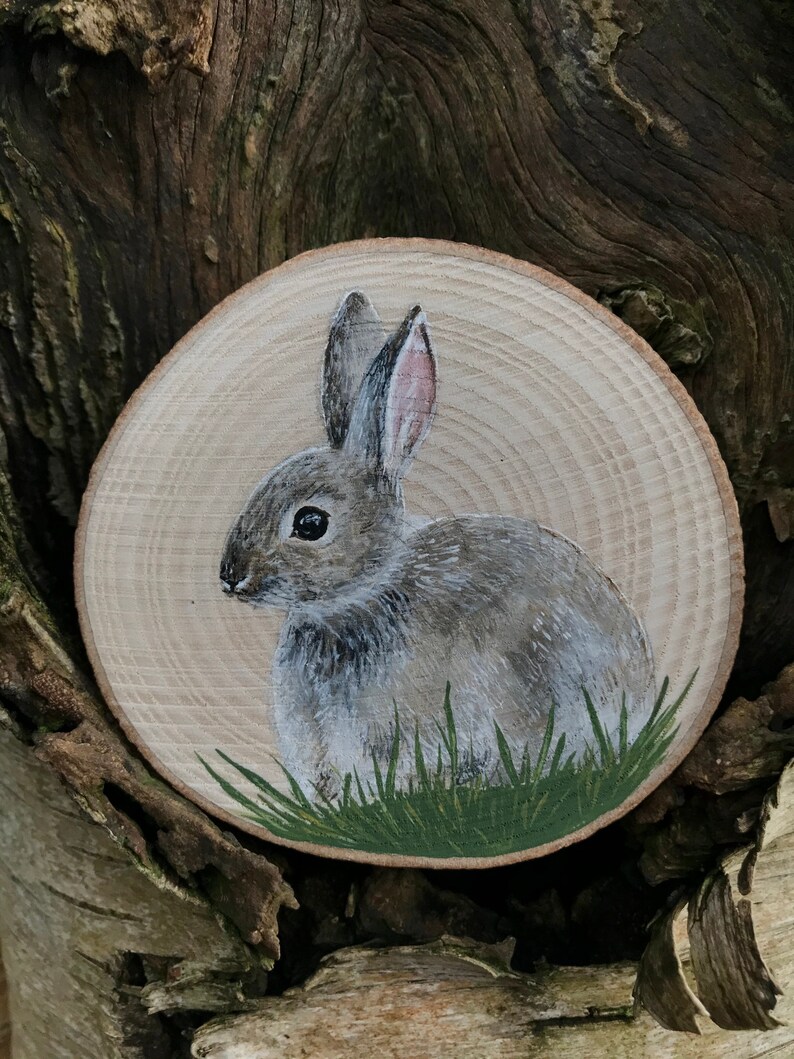 Rabbit Painting, Hand Painted, Wood Slice, British Wildlife, Natural ...