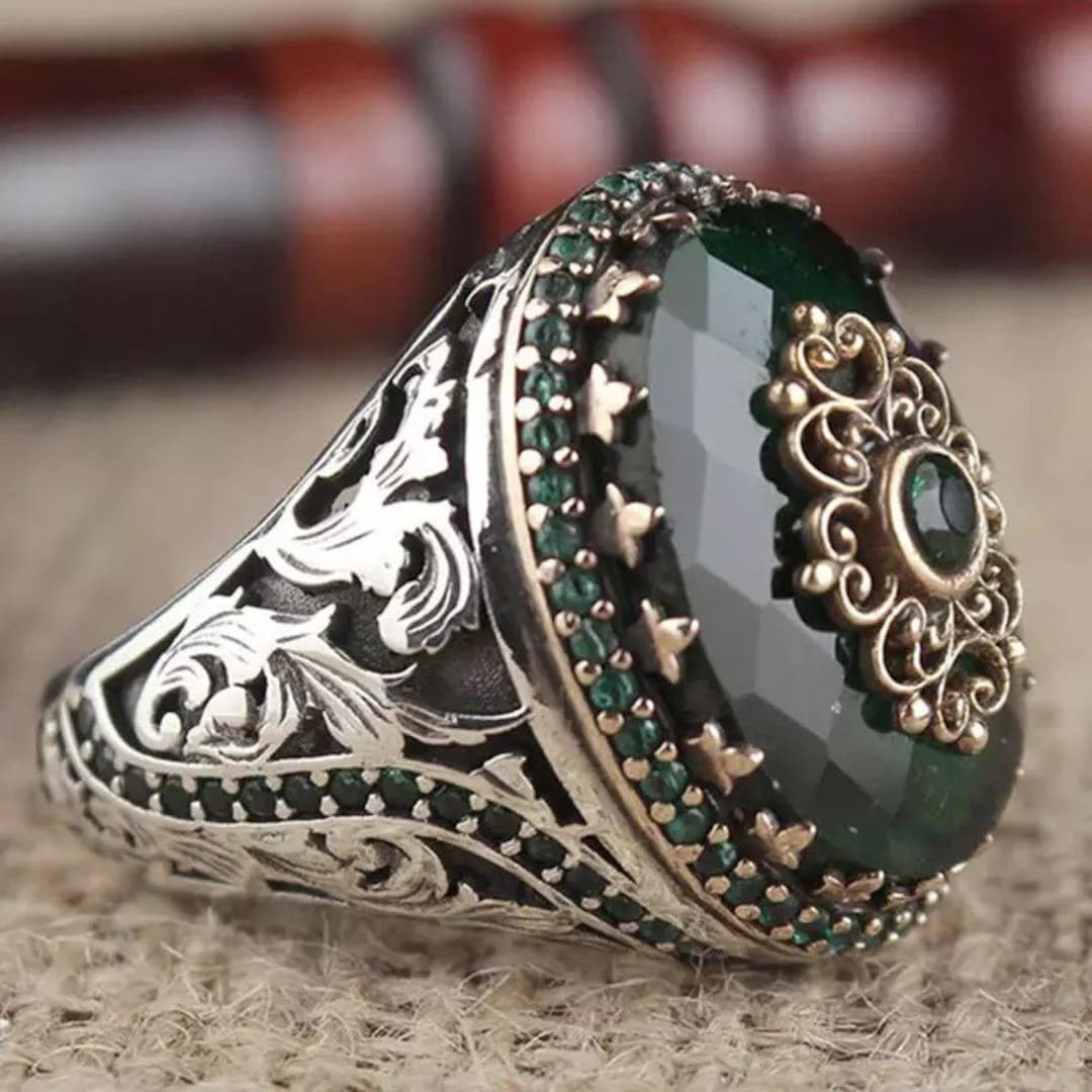 Punk Large Dark Green Stone Ring for Men Vintage Jewelry Ancient Silver ...