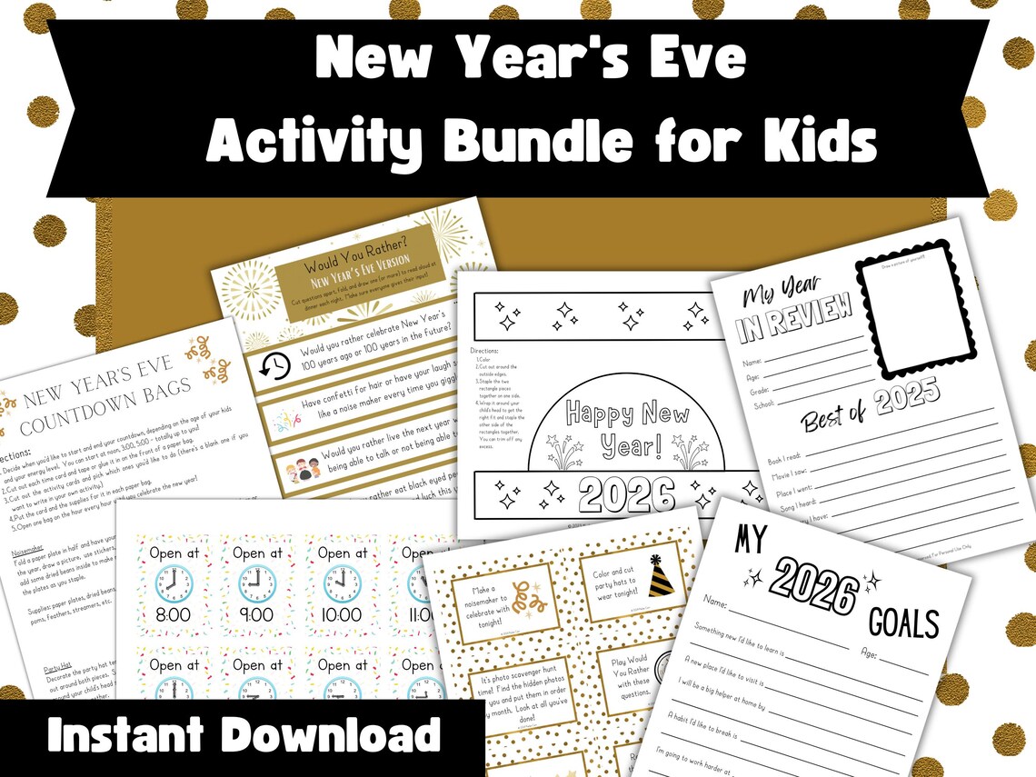 New Year's Eve Countdown Activity Bundle for Kids: Games, Goals ...