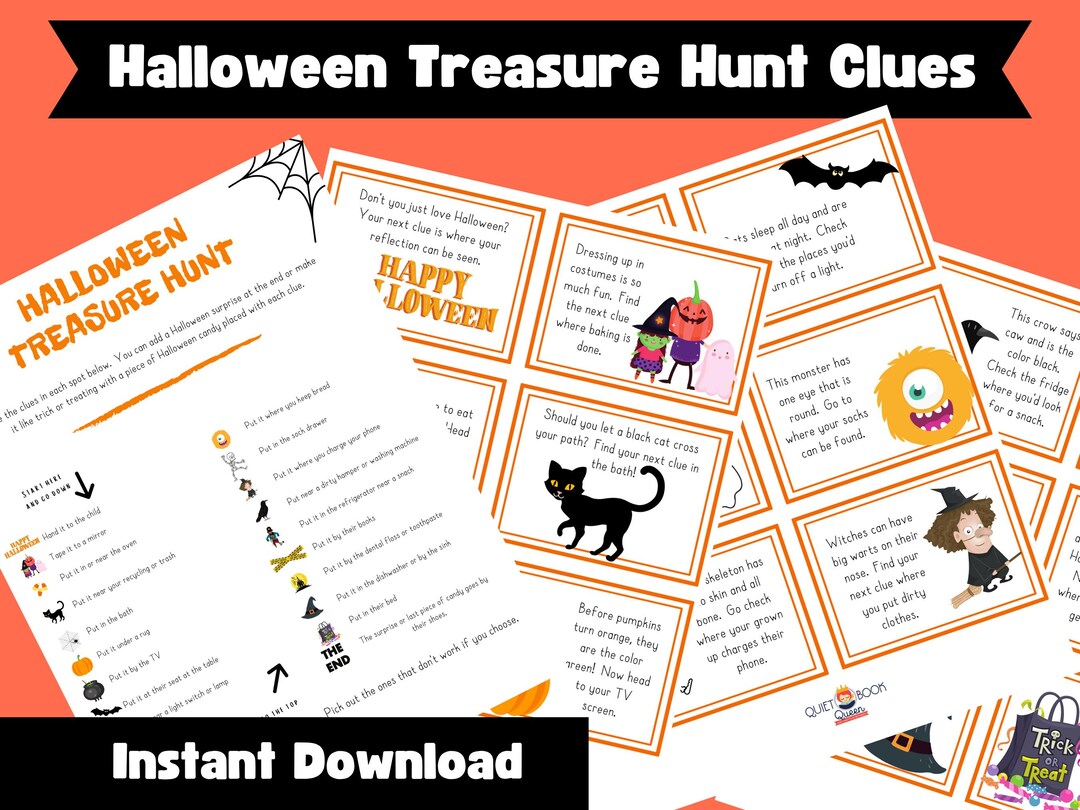 Halloween Treasure Hunt Clues, Indoor Halloween Scavenger Hunt, October ...