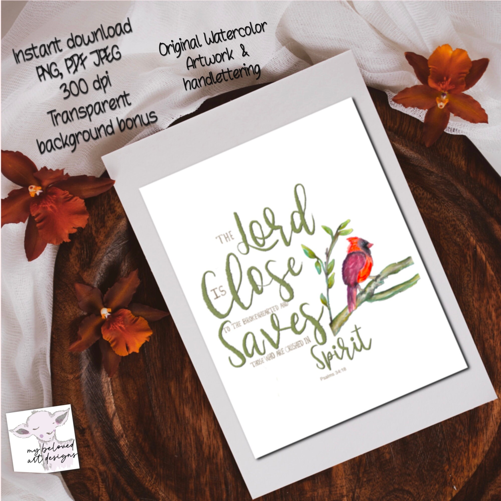 Watercolor Cardinal Psalm 34:18 Digital Print Instant Download ...