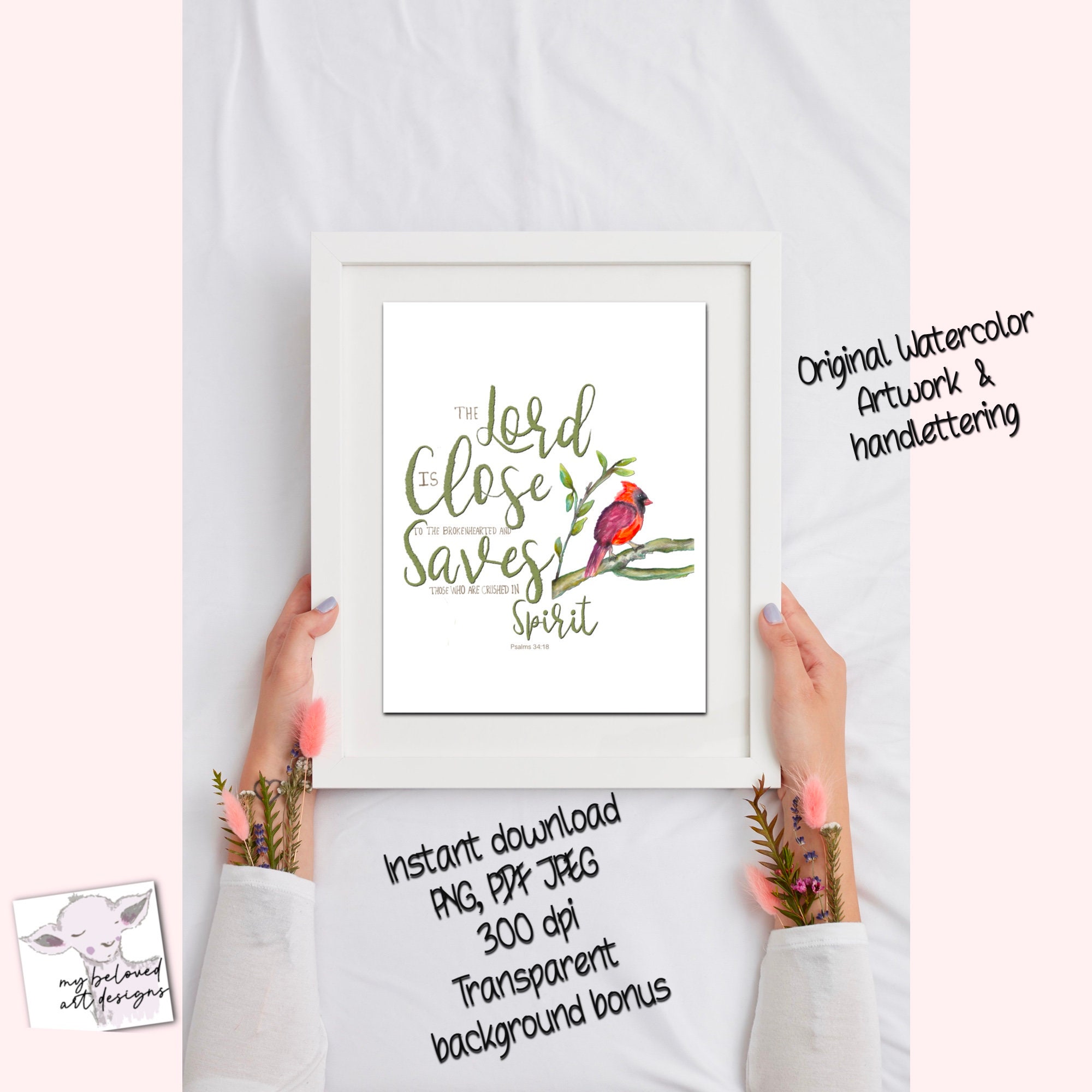 Watercolor Cardinal Psalm 34:18 Digital Print Instant Download ...