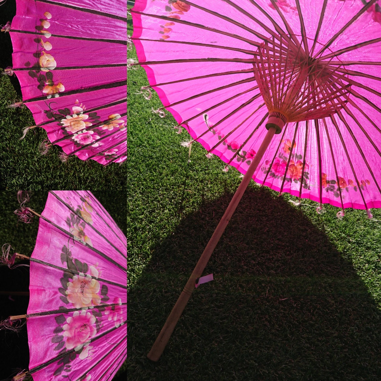 Compact bright pink parasol with tassels and hand painted | Etsy