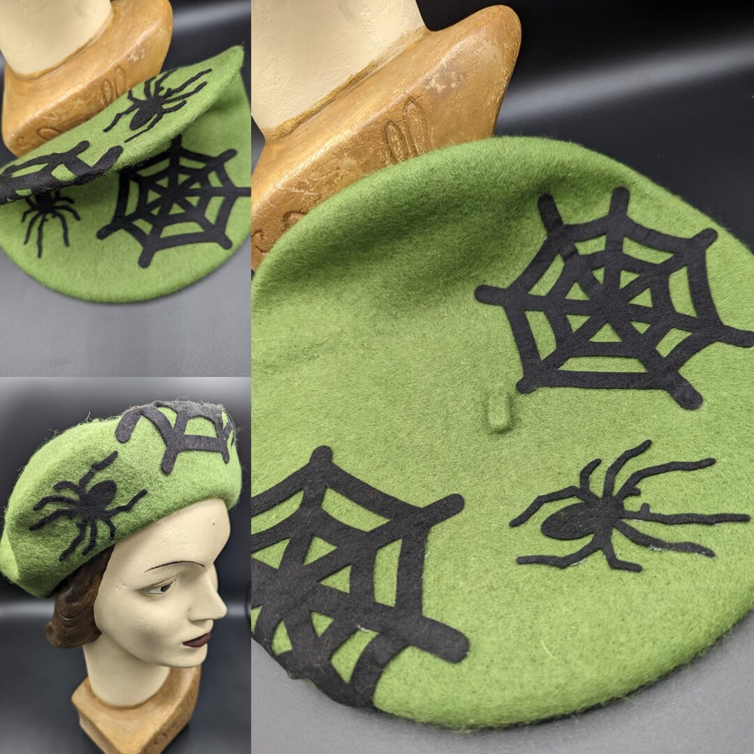 Gothic Spider Cobweb Against a 100 Green Wool High Quality Beret ...