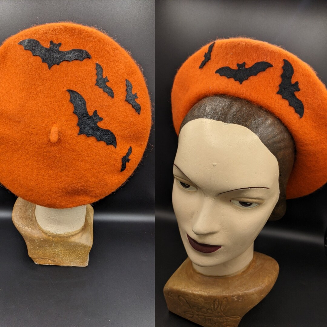 Halloween Bat Beret, 100% Wool Orange French Style Hat - Etsy