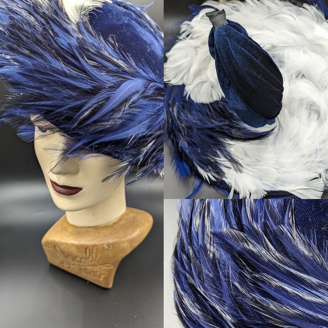 Feather Percher Tilt Hat With Deep Blue and White Feathers 1930s 1940s ...