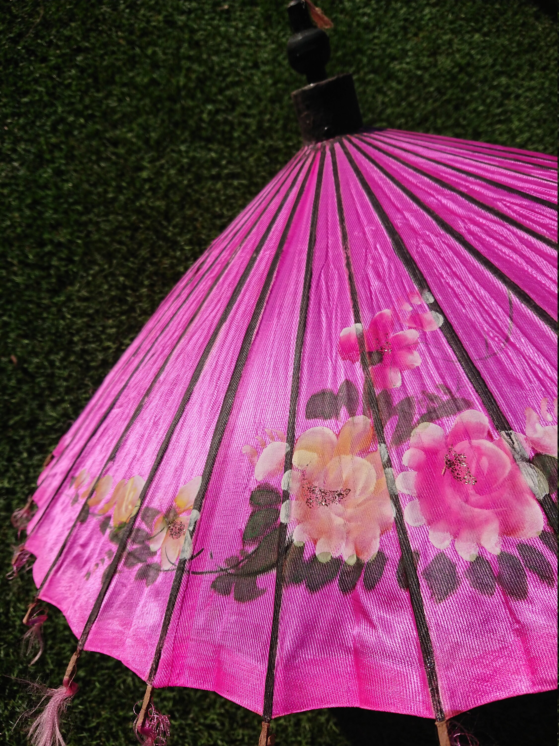 Compact bright pink parasol with tassels and hand painted | Etsy