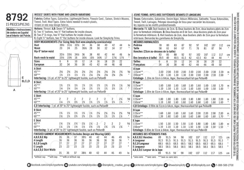 Uncut Simplicity Sewing Pattern 10031 8792 Misses' Skirt With Front and ...